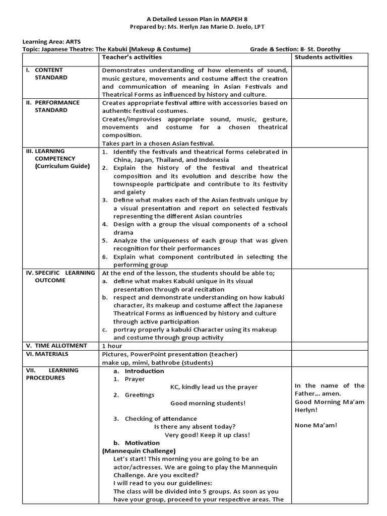 A Detailed Lesson Plan in MAPEH 8 For Demo | PDF