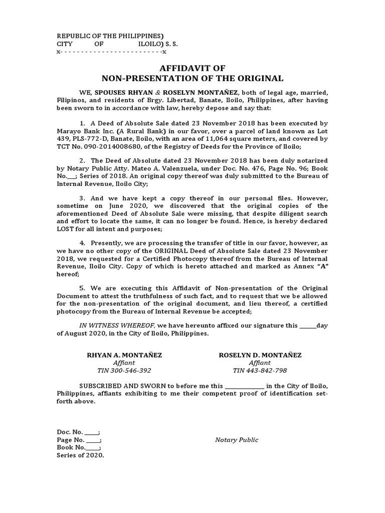 Affidavit of Non-Presentation of Original & Loss (Montañez) | PDF | Affidavit | Notary Public
