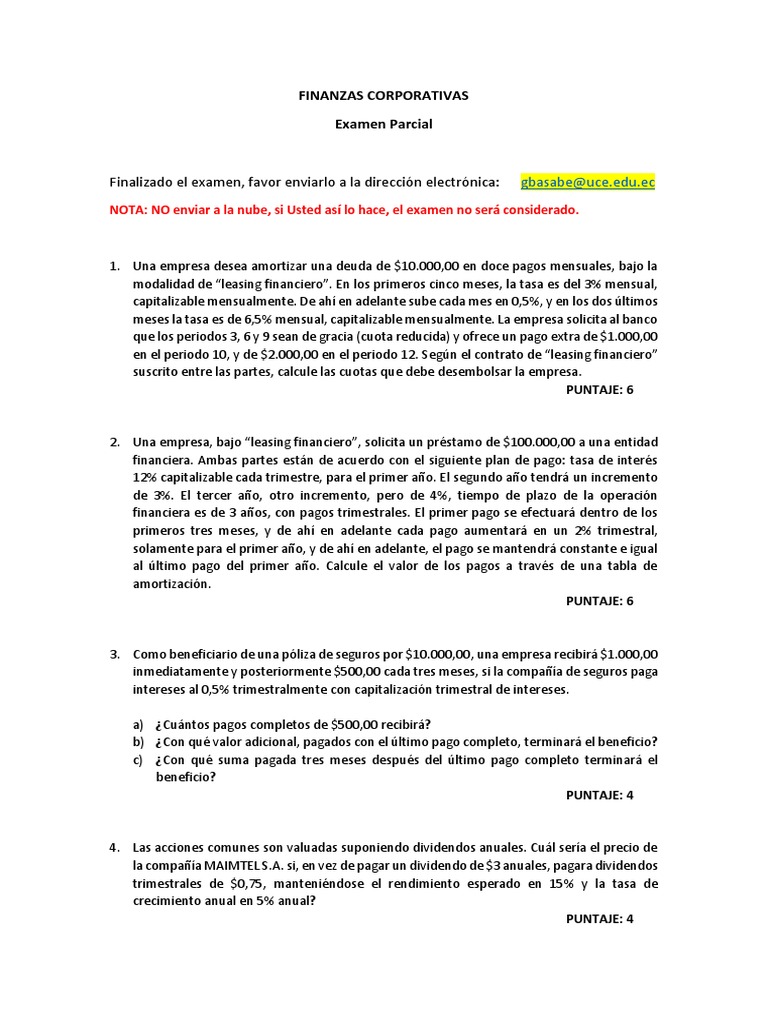 Examen Parcial Finanzas Corporativas 2021-2021 | PDF | Amortización (Negocio) | Dividendo