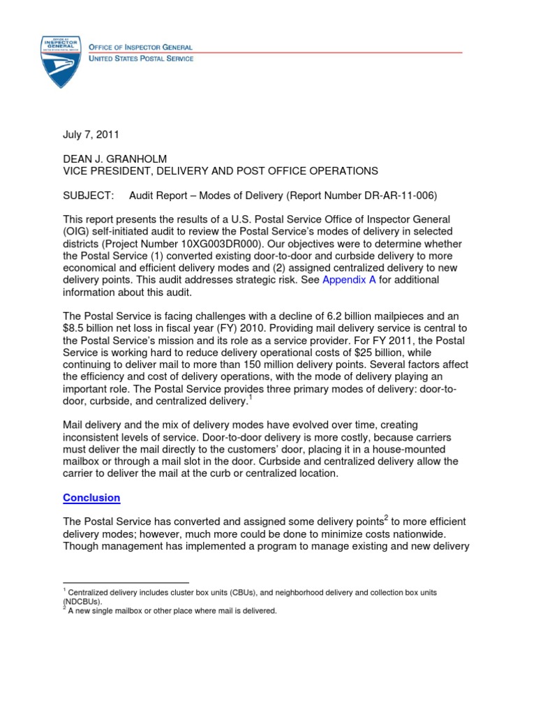 USPS OIG Audit Report - Modes of Delivery | PDF | United States Postal ...