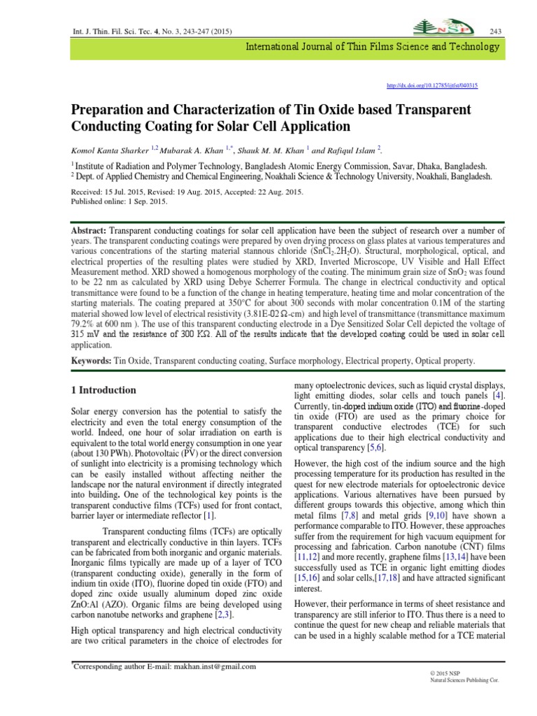 Preparation and Characterization of Tin Oxide Based Transparent ...