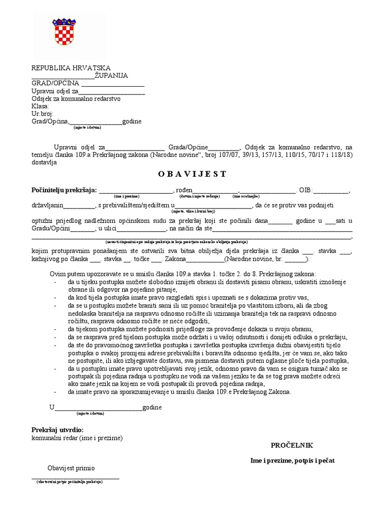 OBAVIJEST Čl.109.a PZ A OBRAZAC | PDF