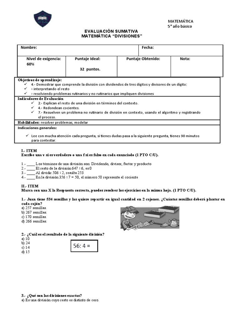 Prueba Divisiones 6° Basico | PDF | División (Matemáticas) | Matemáticas