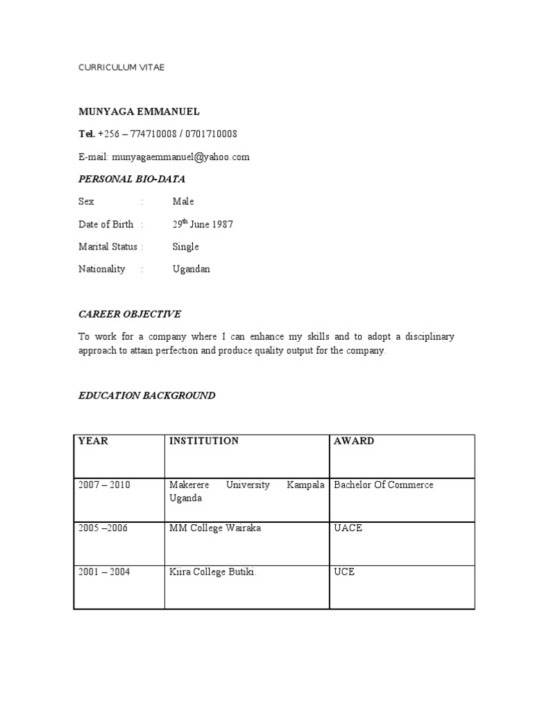 Munyaga Emmanuel's CV and Skills Summary | PDF | Career & Growth