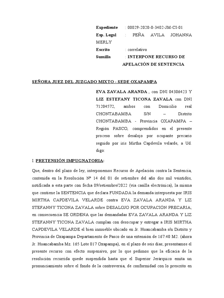 Apelacion Zavala | PDF | Sentencia (ley) | Demanda judicial