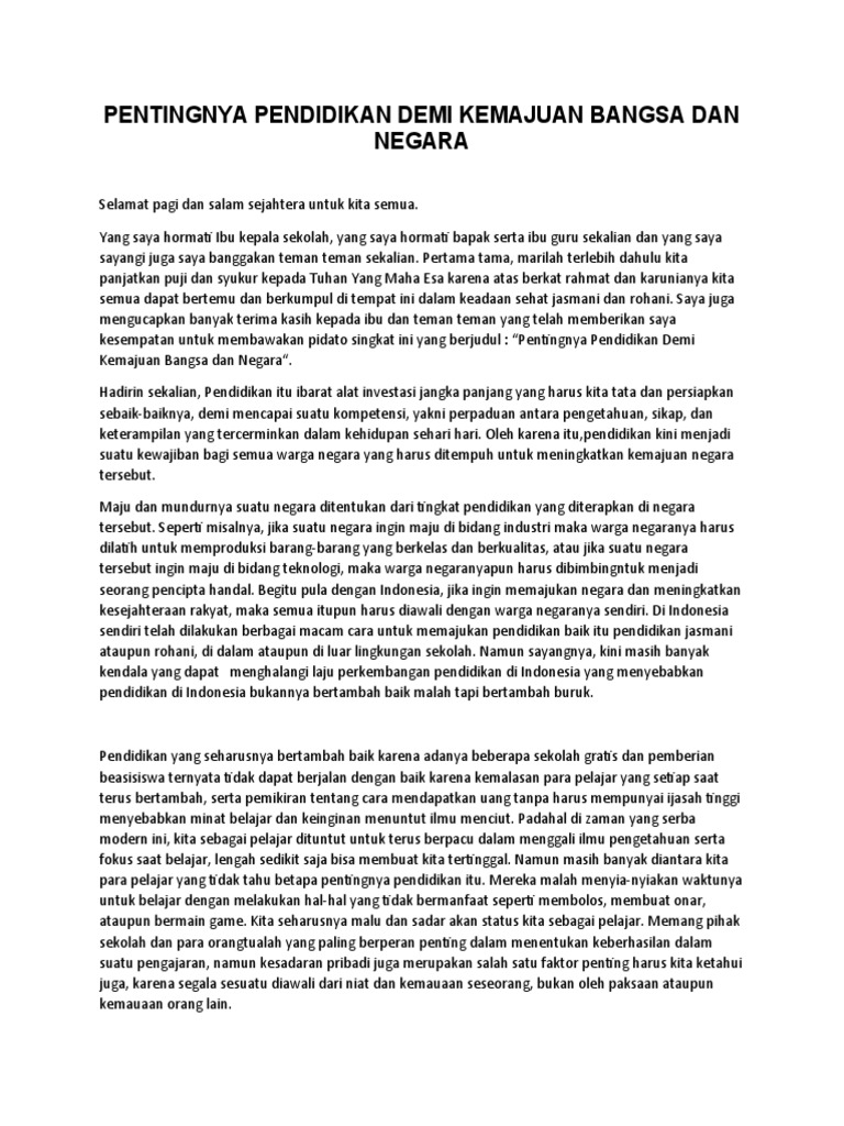 Pidato Pentingnya Pendidikan Demi Kemajuan Bangsa Dan Negara | PDF