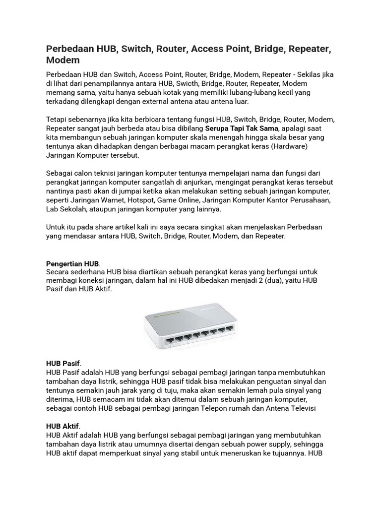 Perbedaan HUB, Switch, Router, Access Point, Bridge, Repeater, Modem | PDF