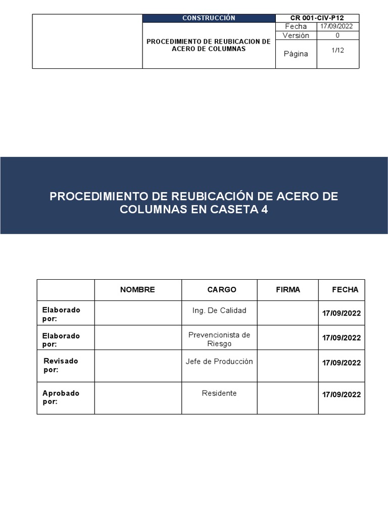 CR-001-CIV-P12 Procedimiento de Reubicacion de Acero de Columnas | PDF ...