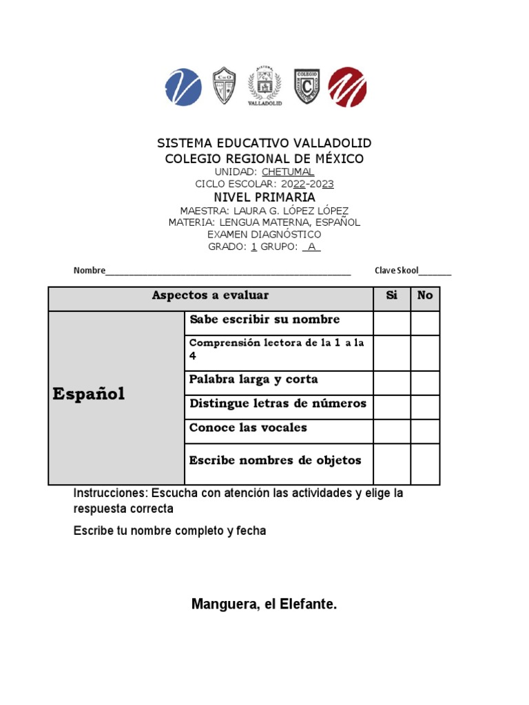 Diagnóstico Español 1°a. | PDF