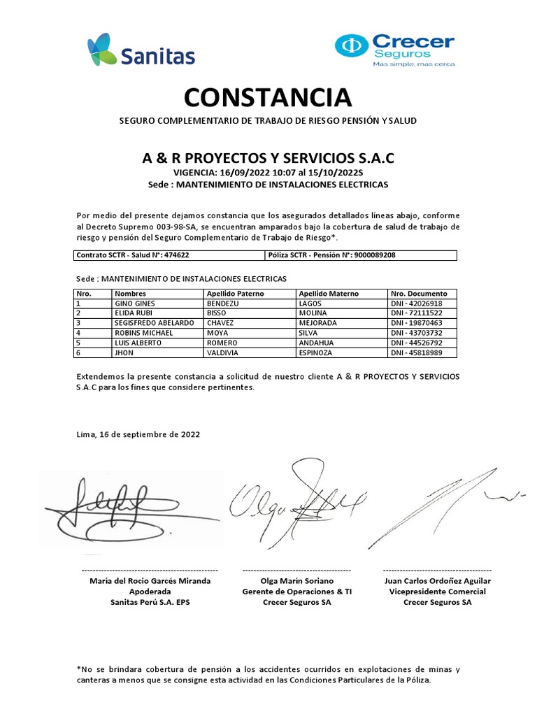 Constancia Contrato SCTR - Salud 474622 SCTR - Pensión 9000089208 IELECT | PDF