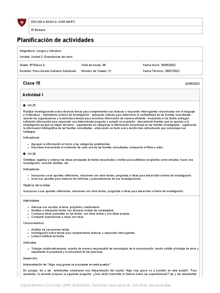 Lengua y Literatura-8º Básico a-Actividad+Unidad+2 | PDF | Narración ...