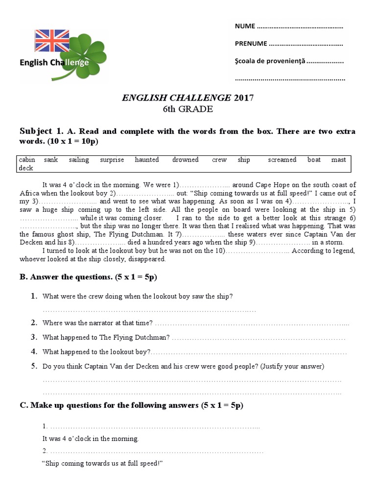 Subiect Clasa 6 English Challenge | PDF