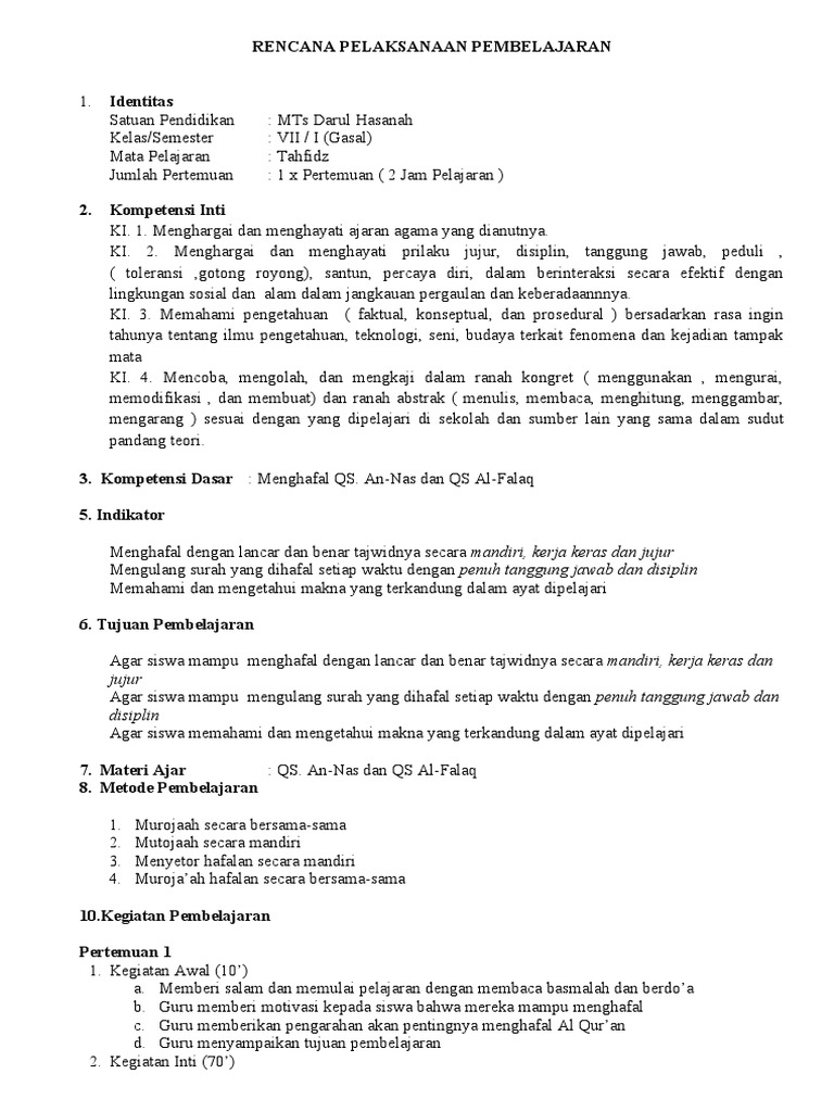 RPP Tahfidz Lembar | PDF