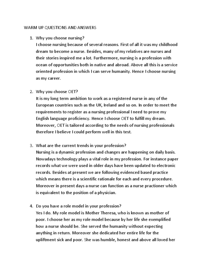 Warm Up Questions and Answers-1 | PDF | Nursing | Profession