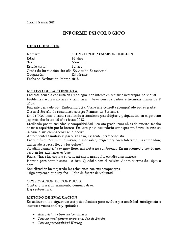 Informe Psicologico | PDF | Las emociones | Inteligencia emocional