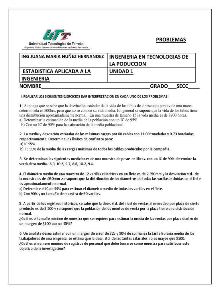 U1 - Estadistica Aplicada - PROBLEMARIO U1 - SEP-DIC-2022 | PDF