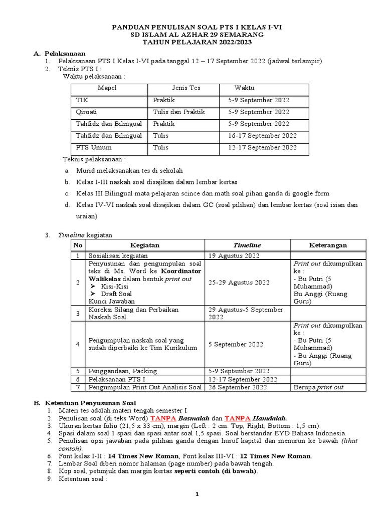 Panduan Soal PTS I Kelas I-VI Format | PDF