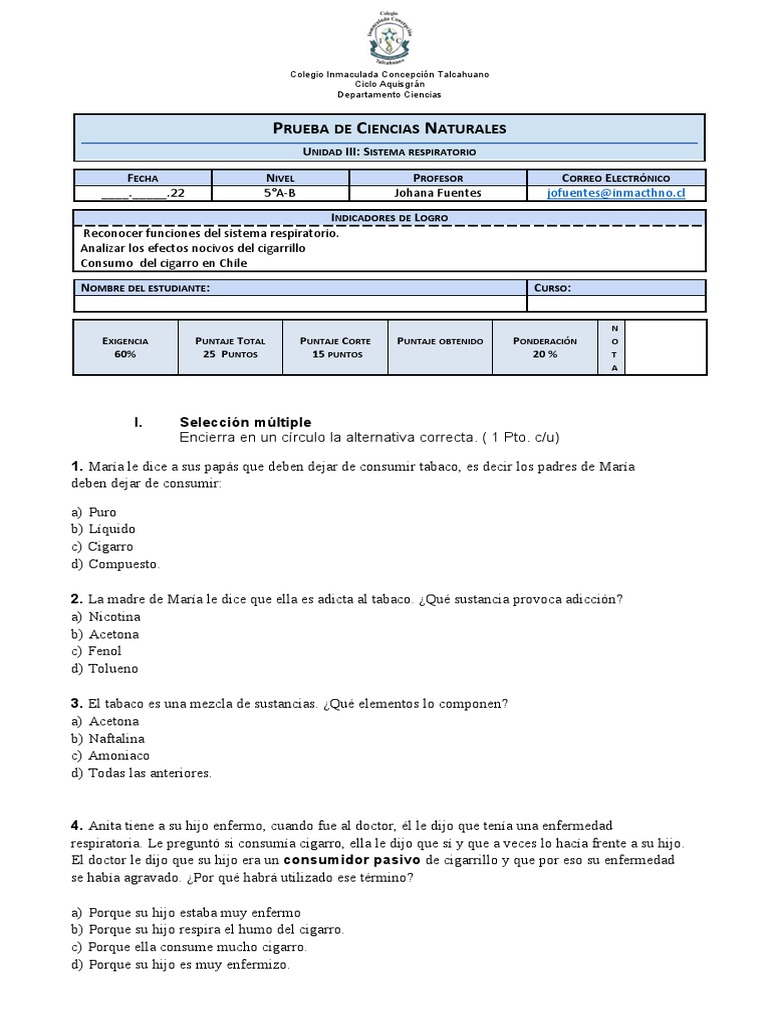 Prueba Sist. Respiratorio y Cigarrillo - Quintos Básicos | PDF ... Prueba Sist. Respiratorio y Cigarrillo - Quintos Básicos | PDF ...