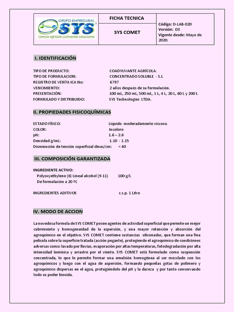 D Lab 020 Ficha Tecnica Sys Comet v. 03 May 2020 | PDF | Agua | Química
