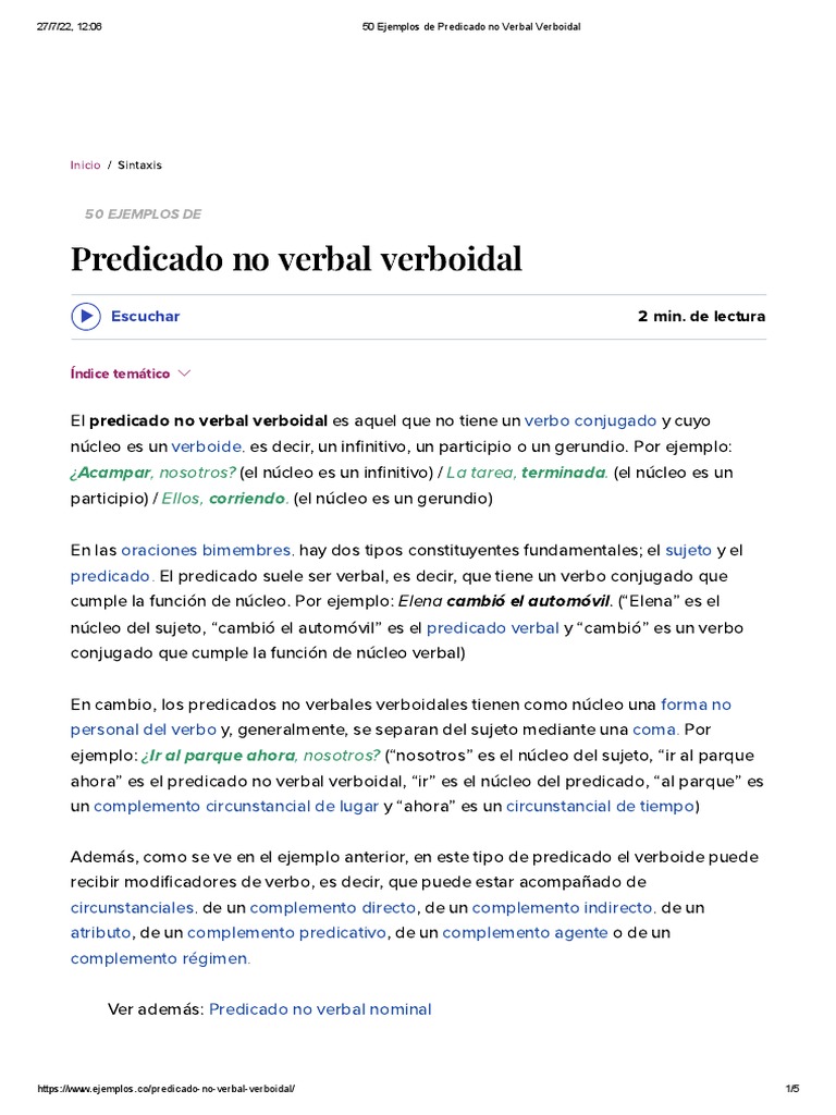 50 Ejemplos de Predicado No Verbal Verboidal | PDF | Verbo | Predicado (Gramática)