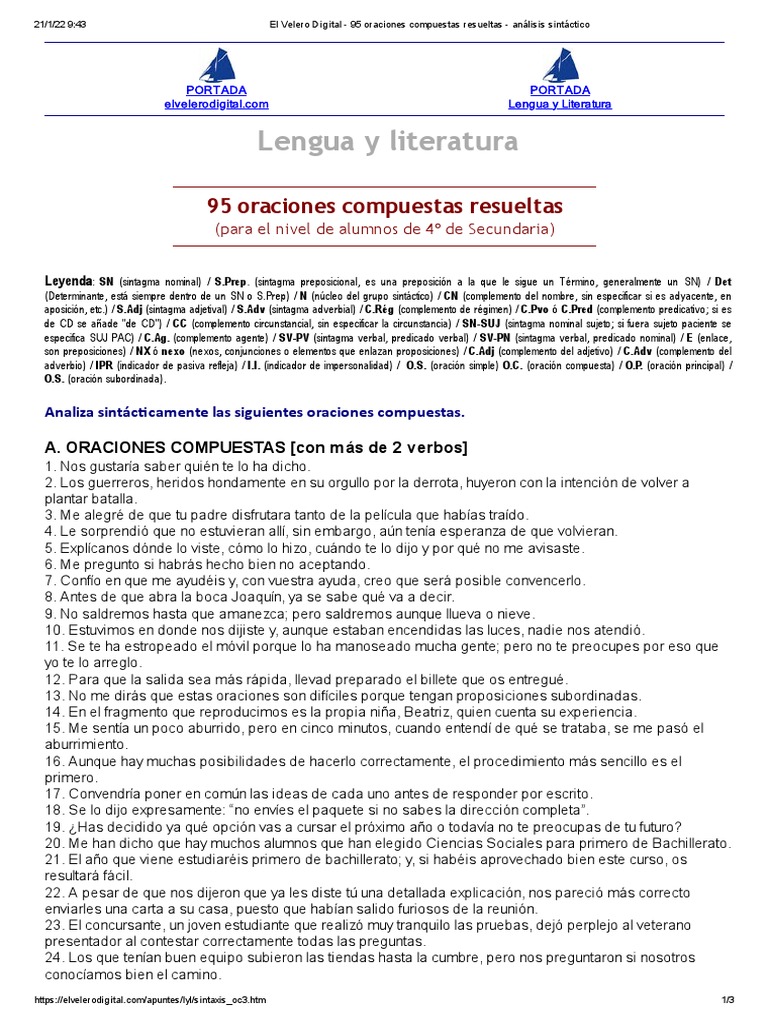 95 Oraciones Compuestas Análisis Sintáctico Pdf Oración