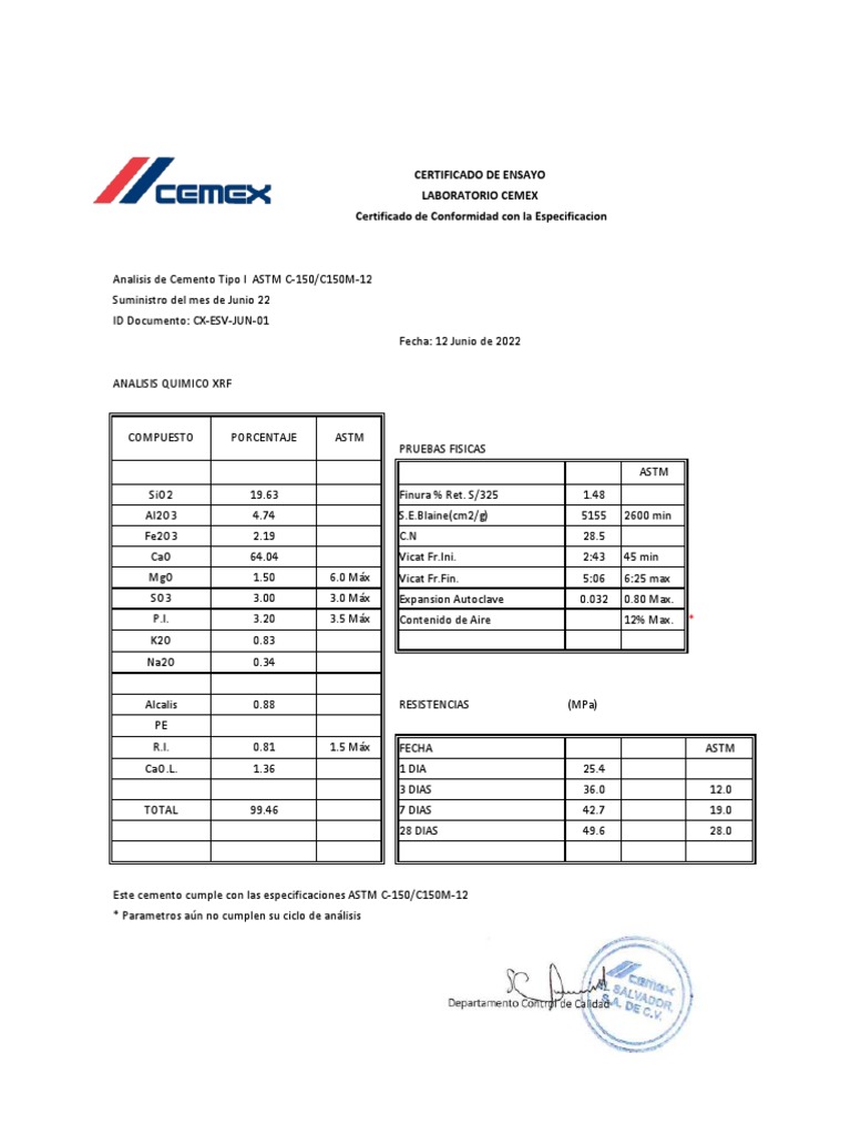 Certificado Calidad CEMEX Tipo I Suministro Junio 2022 | PDF