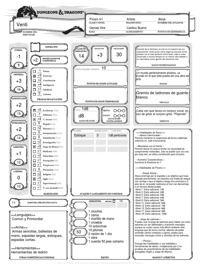 Ficha Personaje Venti | PDF