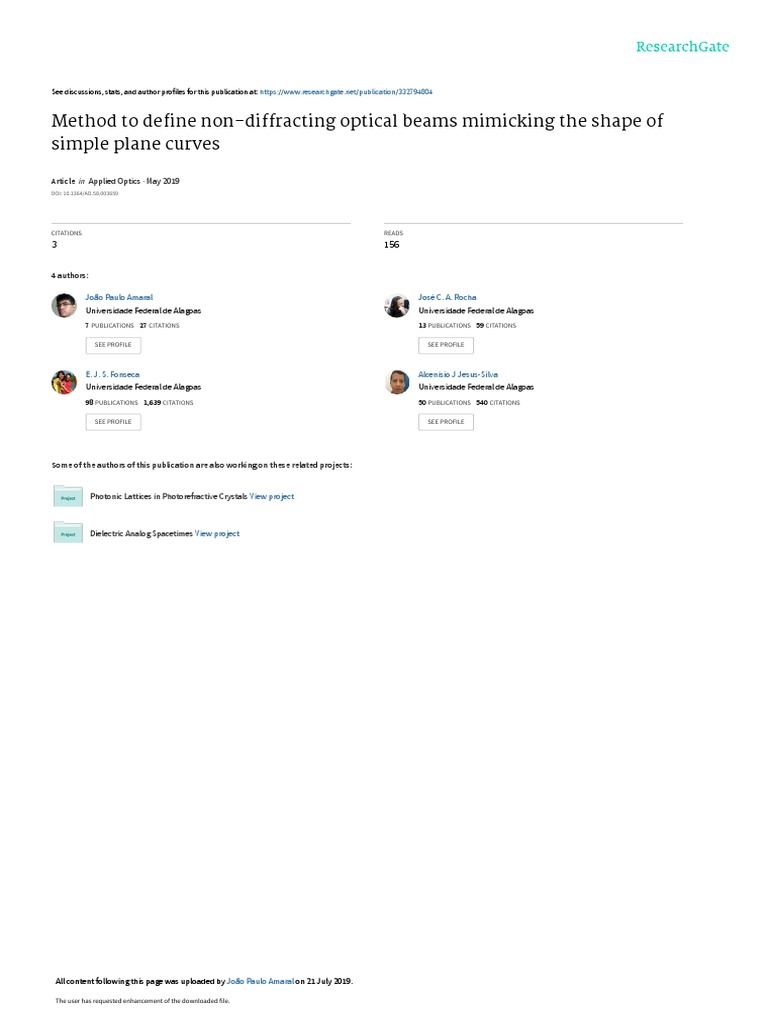 Method To Define Non-Diffracting Optical Beams Mimicking The Shape of Simple Plane Curves | PDF ...