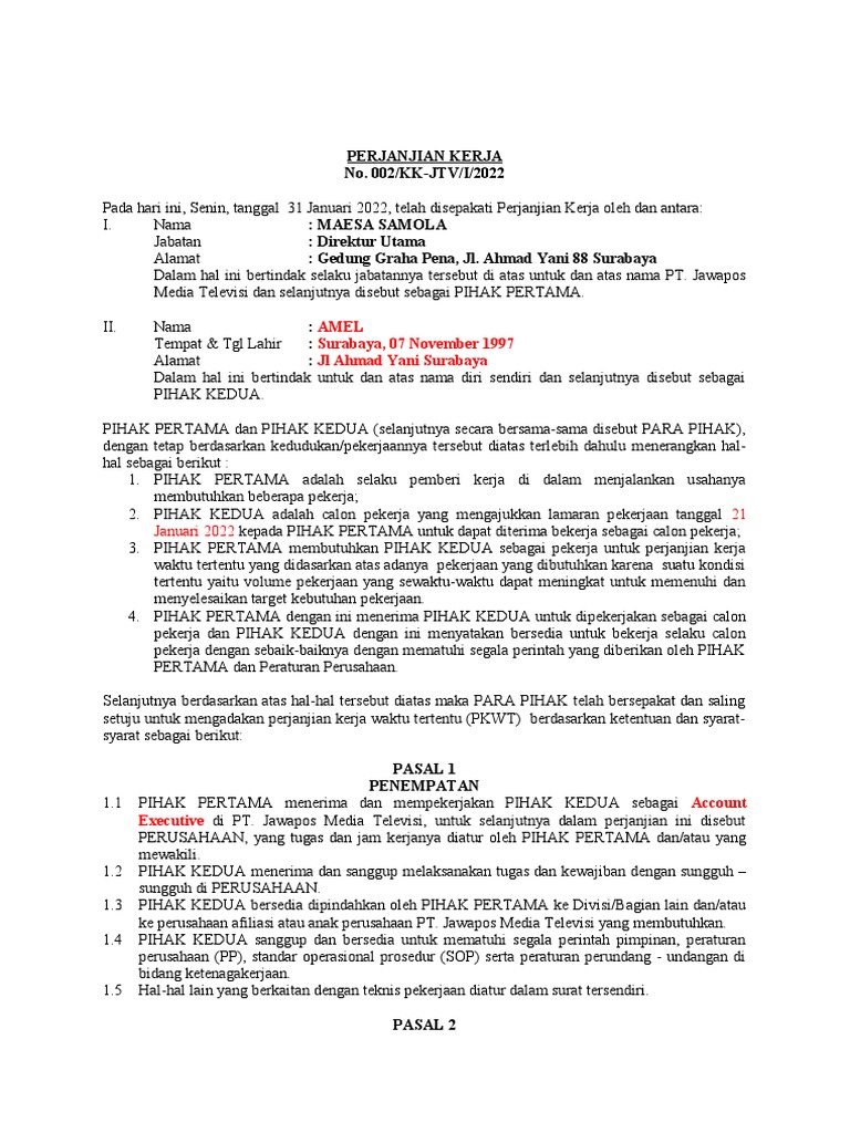 PERJANJIAN KERJA Draft Terbaru 2022 | PDF