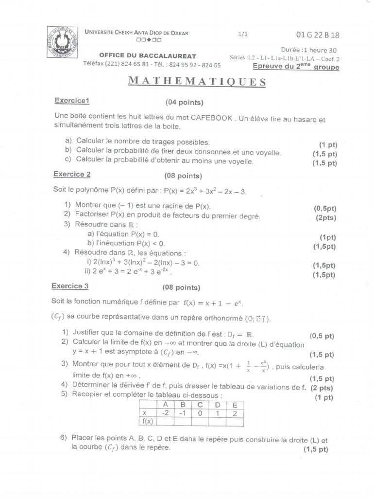Epreuve Bac 2018 Mathematiques l1 l2 2e Groupe, Senegal | PDF
