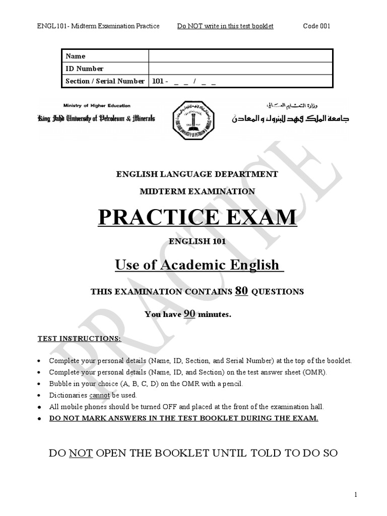 ENGL 101 Midterm Exam Practice T (SOLVED) | PDF