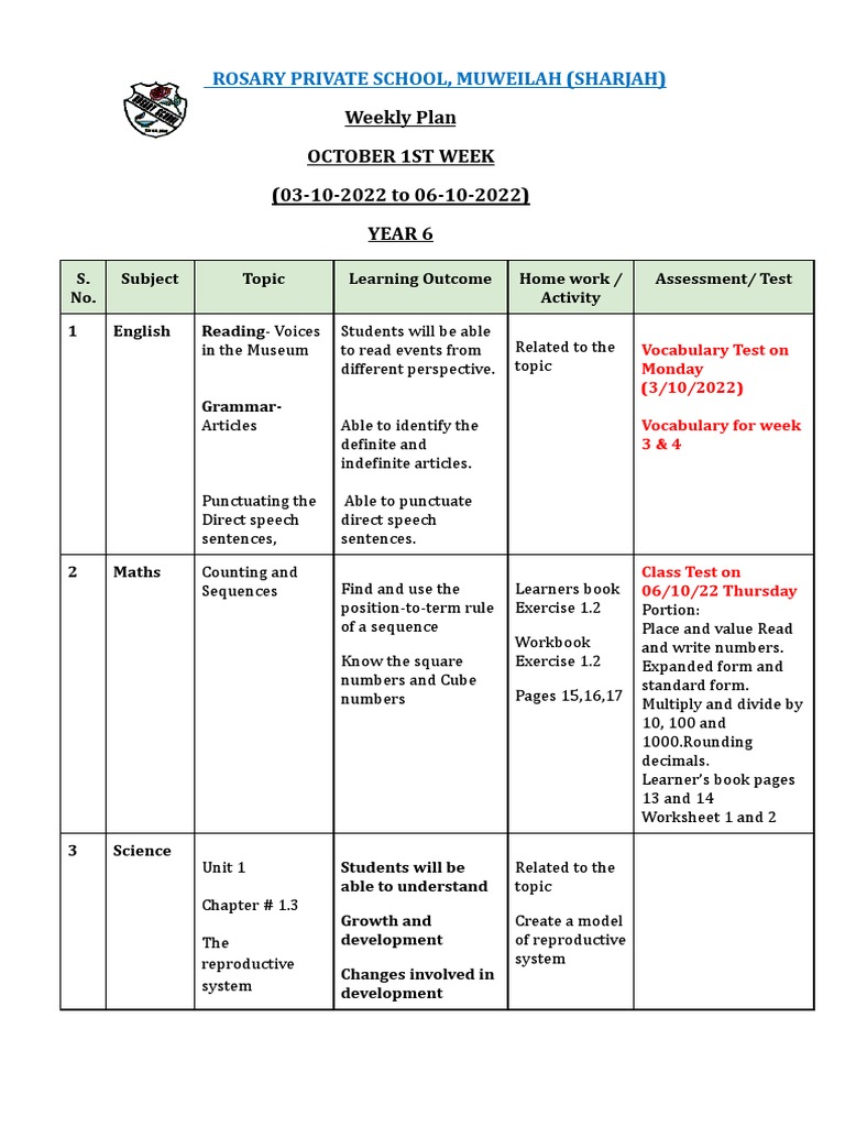 8 Rosary Private School, Muweilah (Sharjah) : Weekly Plan October 1St ...