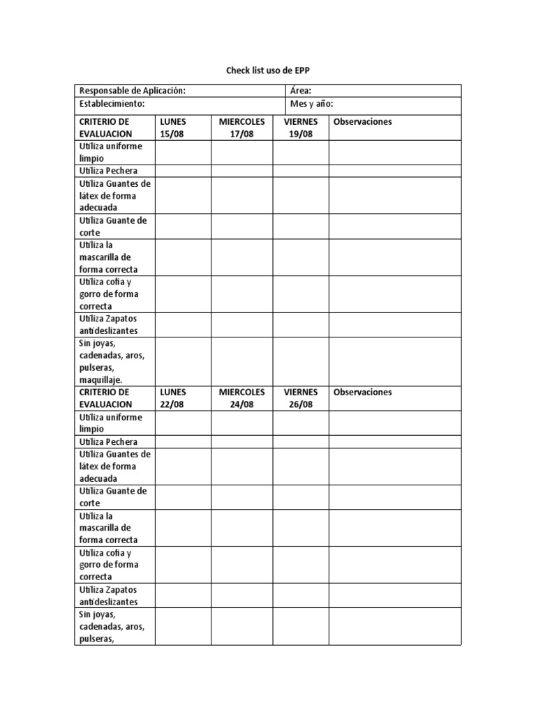 Check List Uso de EPP | PDF