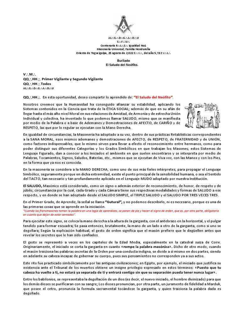 Burilado, El Saludo Del Neofito, Raul Chacon 250822 | PDF | Masonería ...