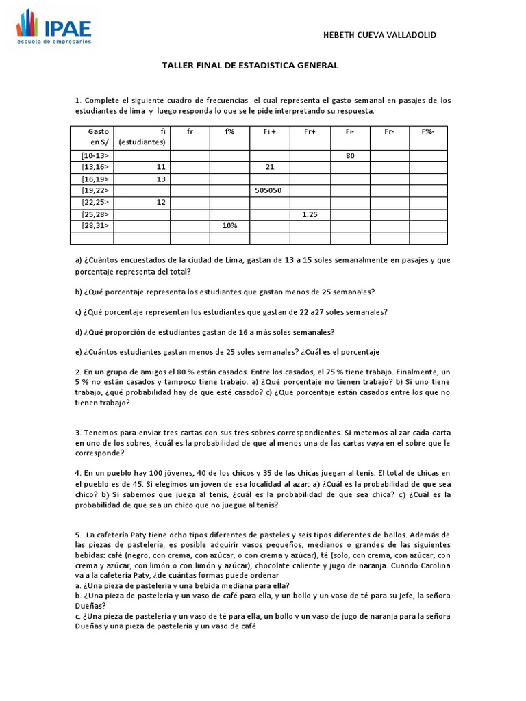 Taller Final de Estadistica General | PDF | café