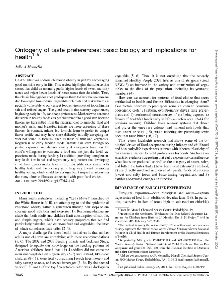 Ontogeny of Taste Preferences. Basic Biology and Implications For Health | PDF | Taste ...