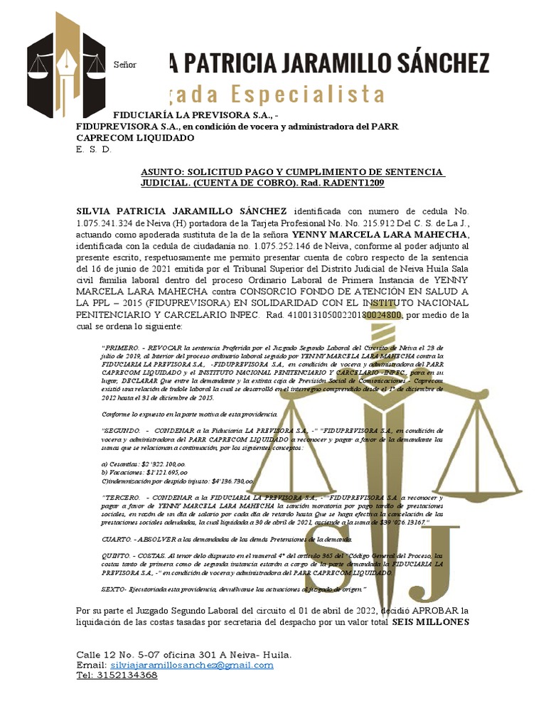 Solicitud Pago y Cumplimiento de Sentencia Judicial. (Cuenta de Cobro ... Solicitud Pago y Cumplimiento de Sentencia Judicial. (Cuenta de Cobro ...