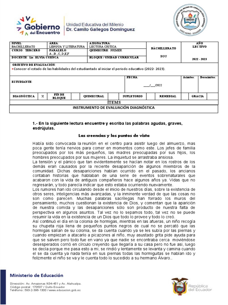 Evaluación Diagnóstica Lectura Crítica BGU | PDF | Fonética | Lingüística