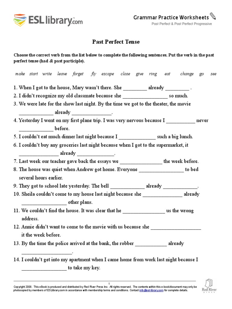 Grammar Practice Worksheets (PAST PERFECT TENSE) | PDF