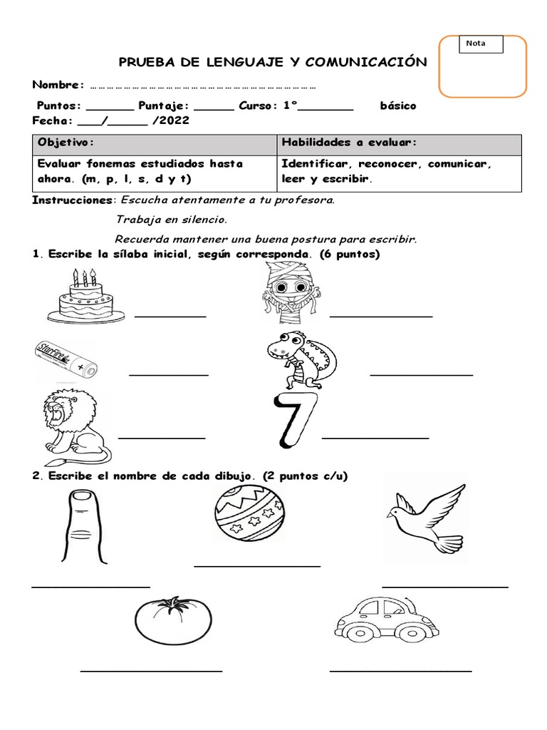 Prueba de Lenguaje M L P S D T Primero Basico | PDF
