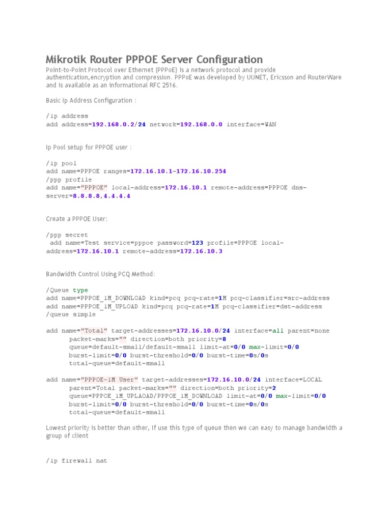 Mikrotik Router PPPOE Server Configuration | PDF