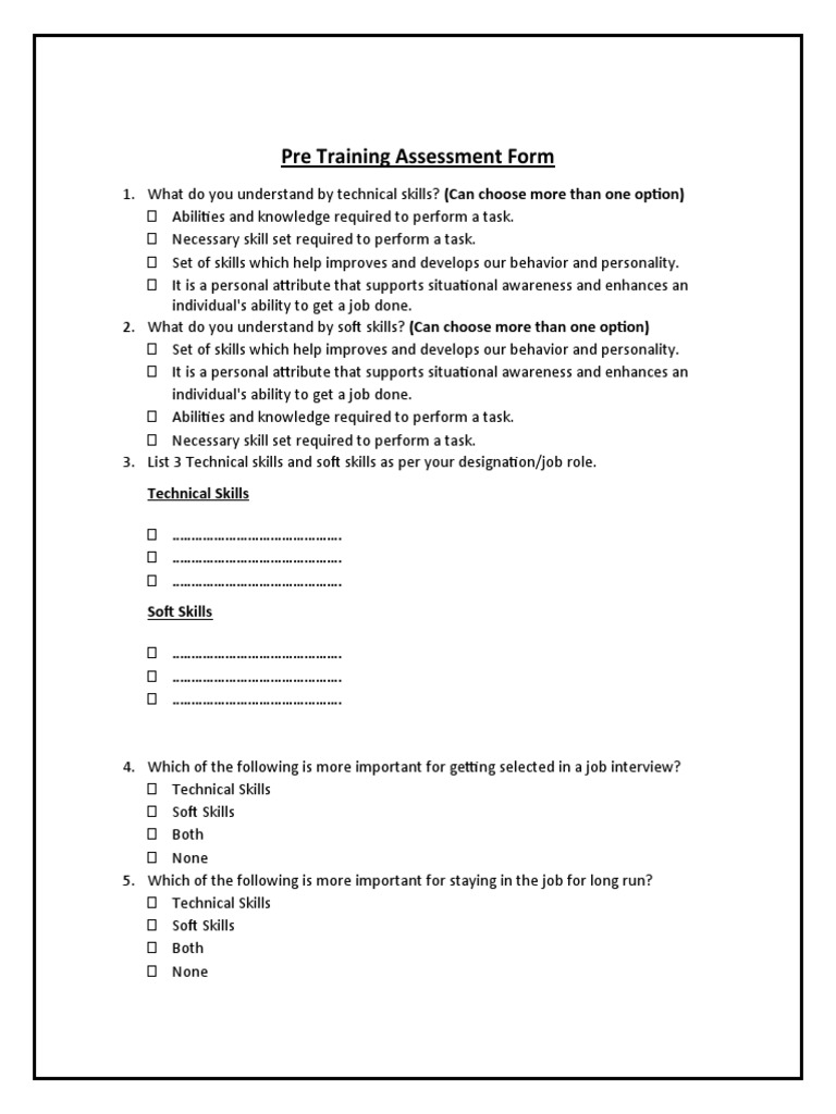 Pre Training Assessment Form Technical and Soft Skills | PDF | Skill ...