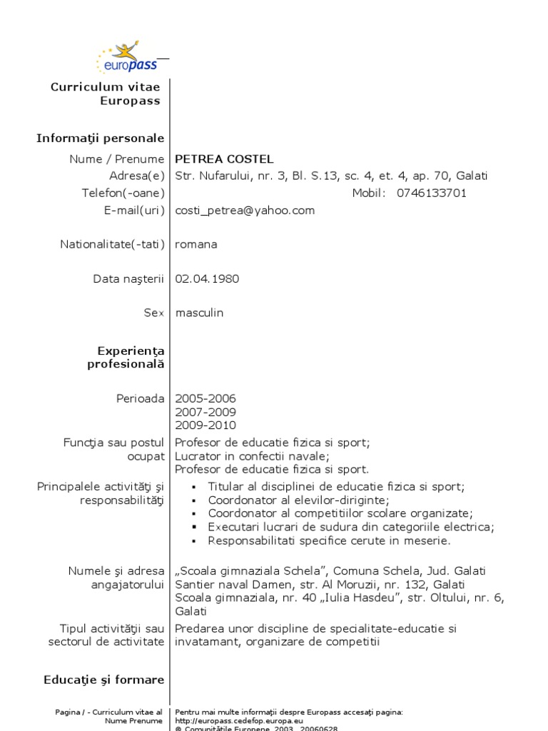 Model Cv Curriculum Vitae European Romana