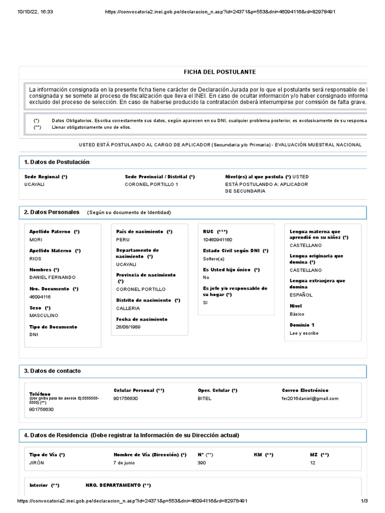 Ficha de Postulacion Inei | PDF