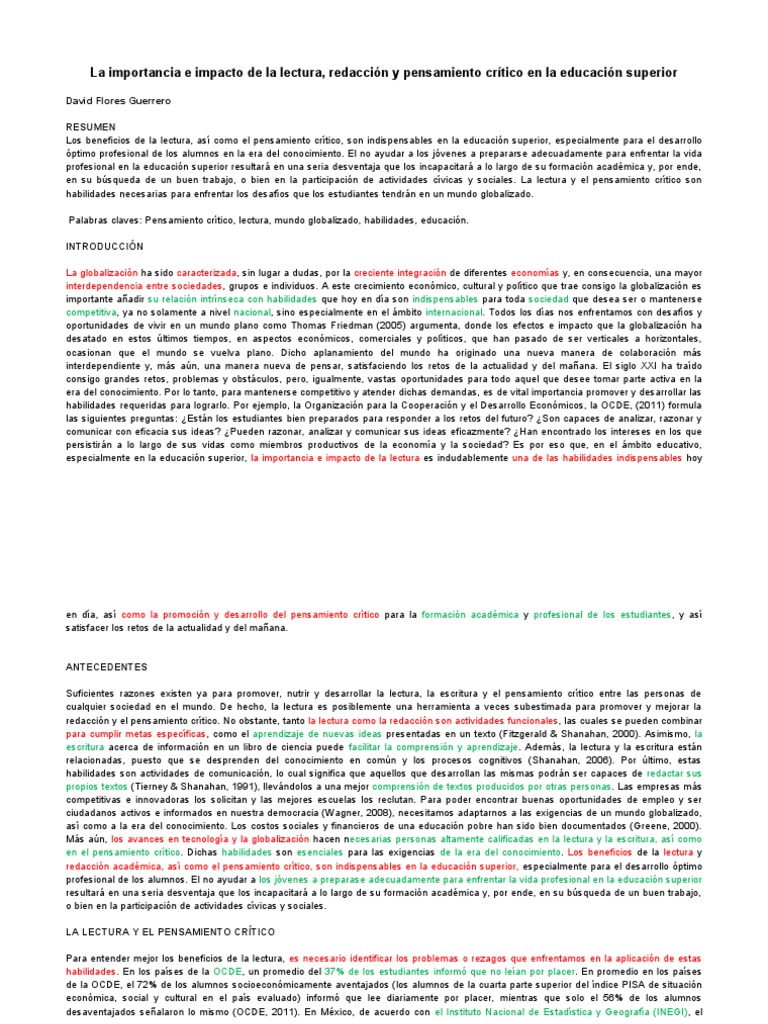 Artículo La Importancia e Impacto de La Lectura, Redacción y ...