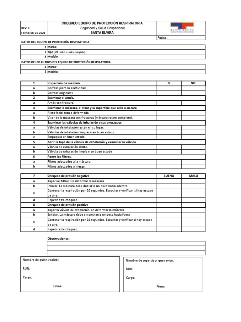 Check List Equipo de Protección Respiratoria | PDF