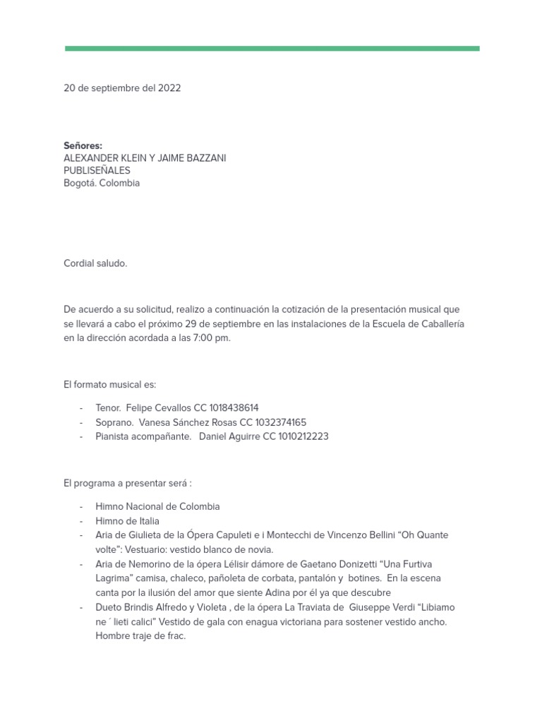 Cotización Presentación Musical en Bogotá | PDF | Ópera | Colombia