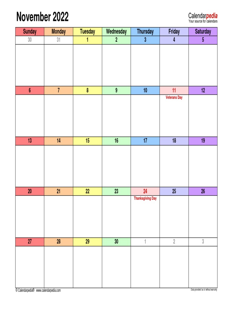 November 2022 Calendar Landscape | PDF