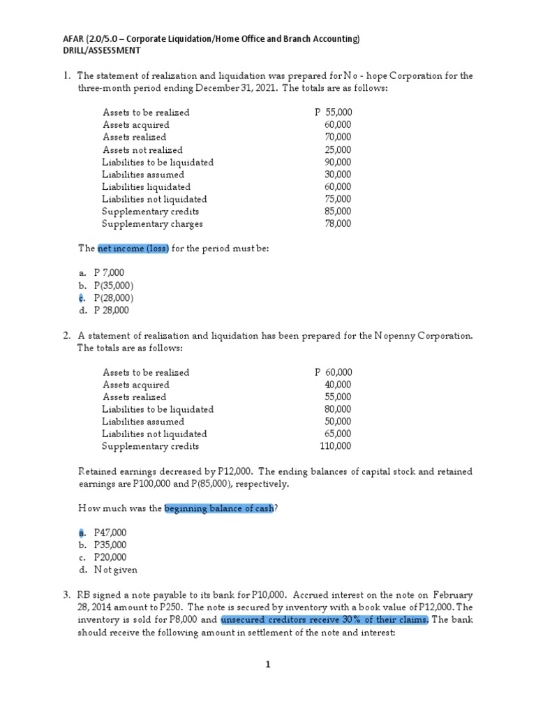 Corporate Liquidation Home Office and Branch Accounting Problems | PDF | Liquidation | Bankruptcy
