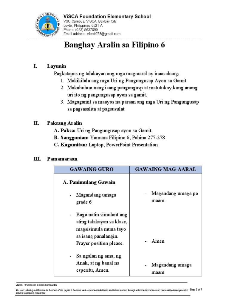 Banghay Aralin Filipino 6 Uri NG Pangungusap Ayon Sa Gamitrespuesto Maidy | PDF